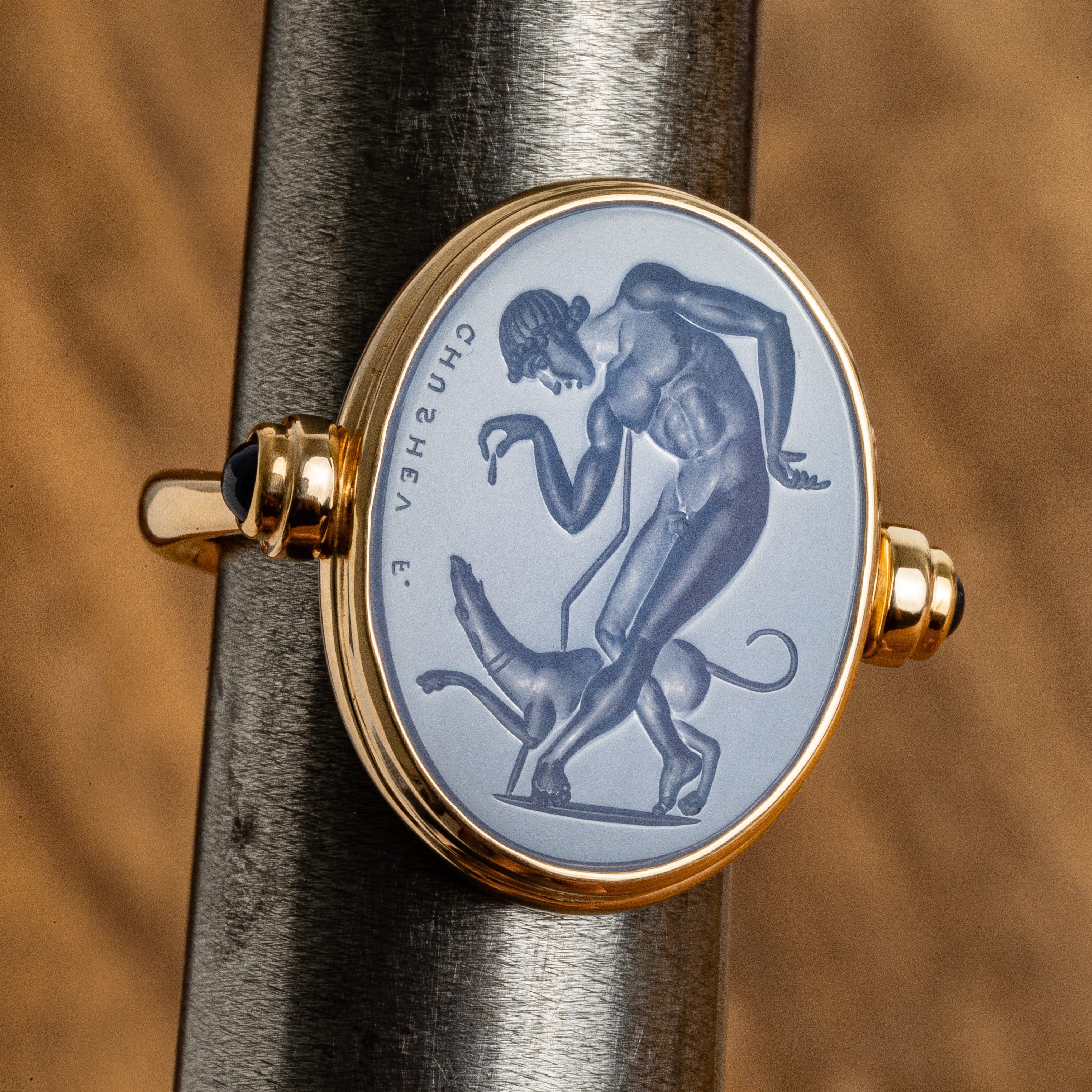 Boy with Dog Blue Chalcedony Intaglio 18K Gold Signet Ring – Olithica