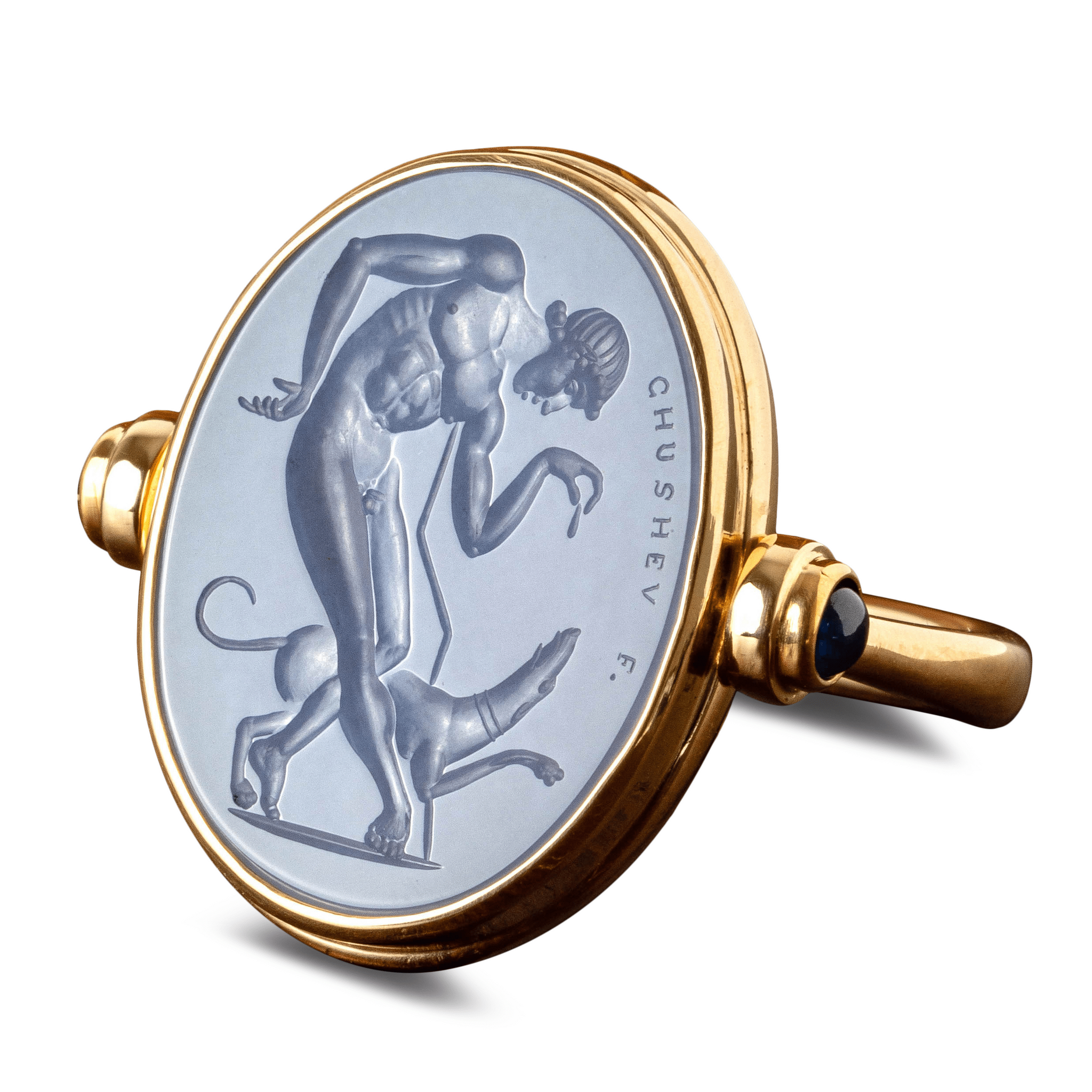Boy with Dog Blue Chalcedony Intaglio 18K Gold Signet Ring – Olithica