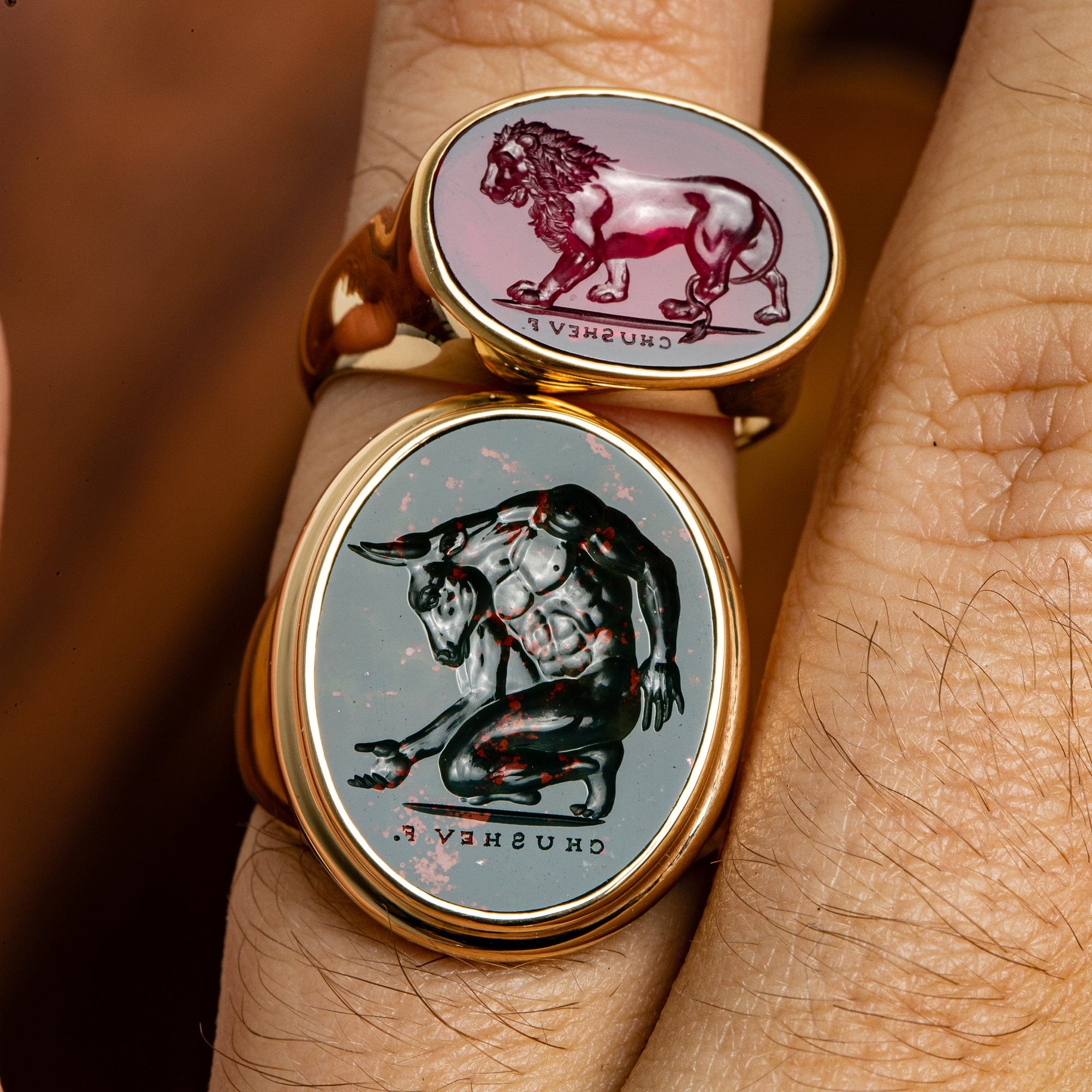 Minotaur Bloodstone Intaglio 18K Gold Signet Ring – Olithica