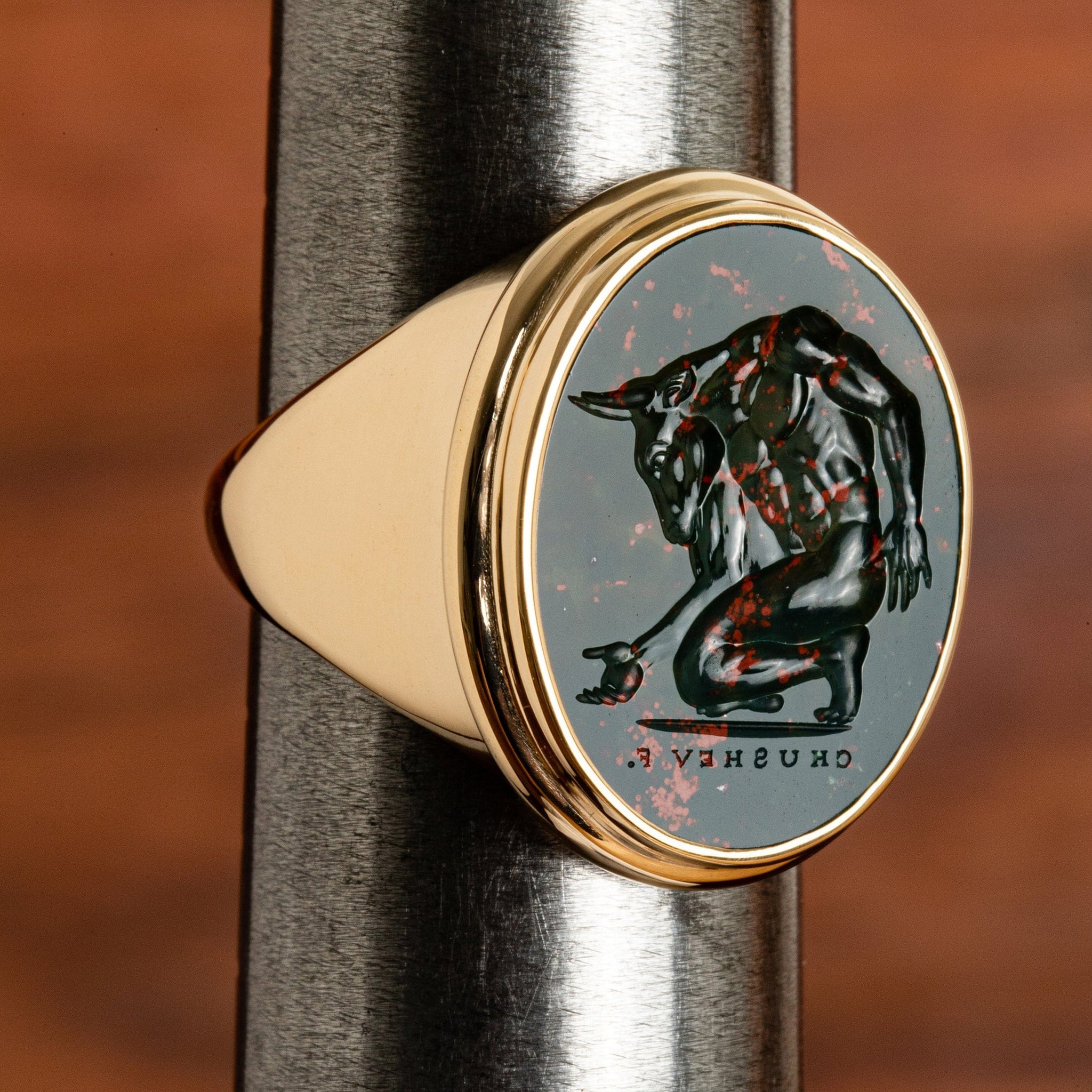 Minotaur Bloodstone Intaglio 18K Gold Signet Ring – Olithica